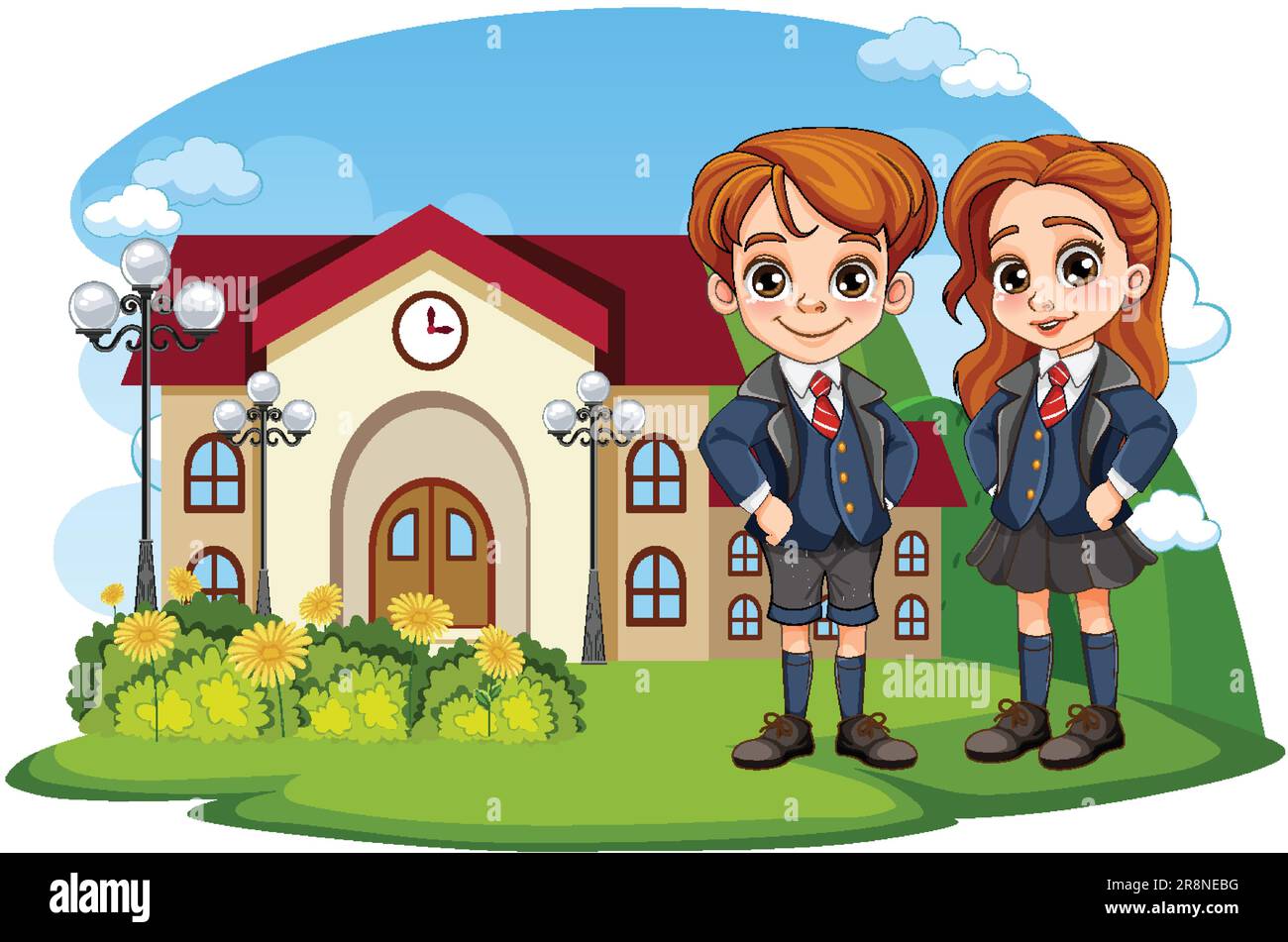 Student wearing school uniform at school scene illustration Stock ...