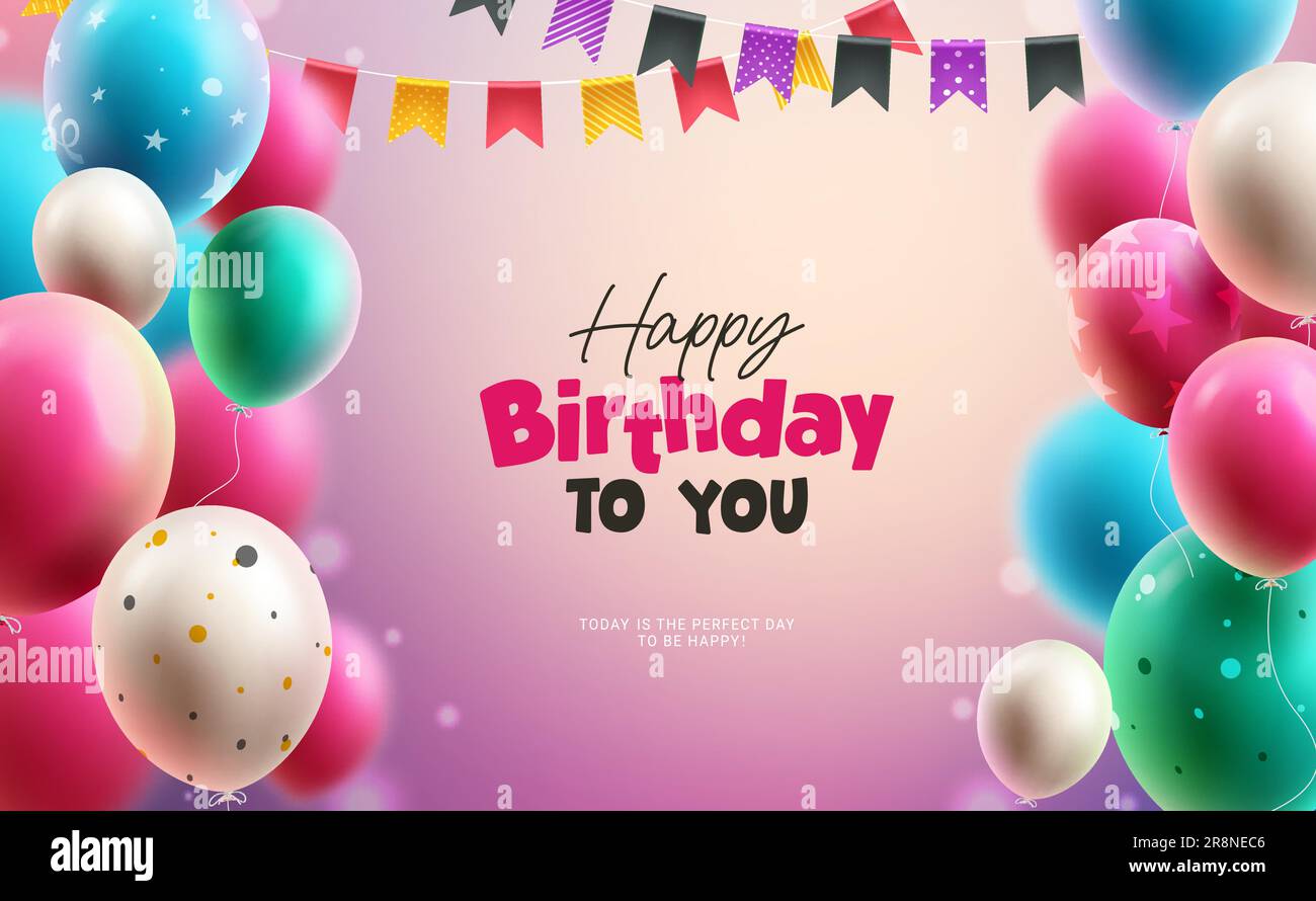 Happy birthday text vector background design. Birthday flying balloons ...