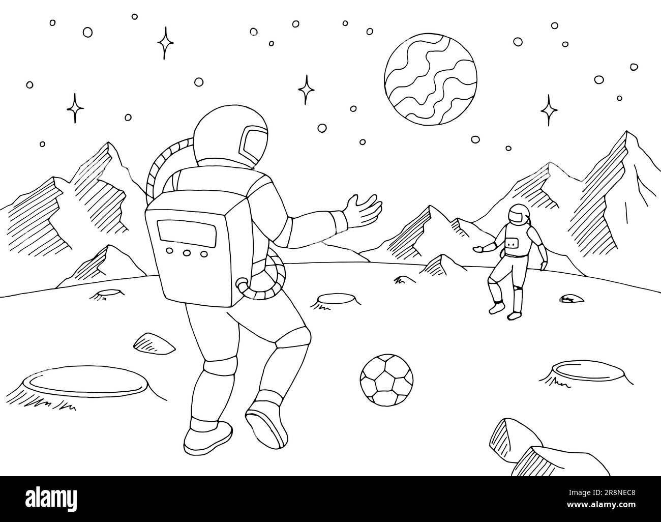 Astronauts play soccer on alien planet graphic black white space ...