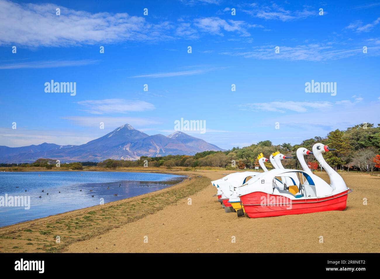 Tenjin Beach and Mount Bandai in Inawashiro Lake Stock Photo - Alamy