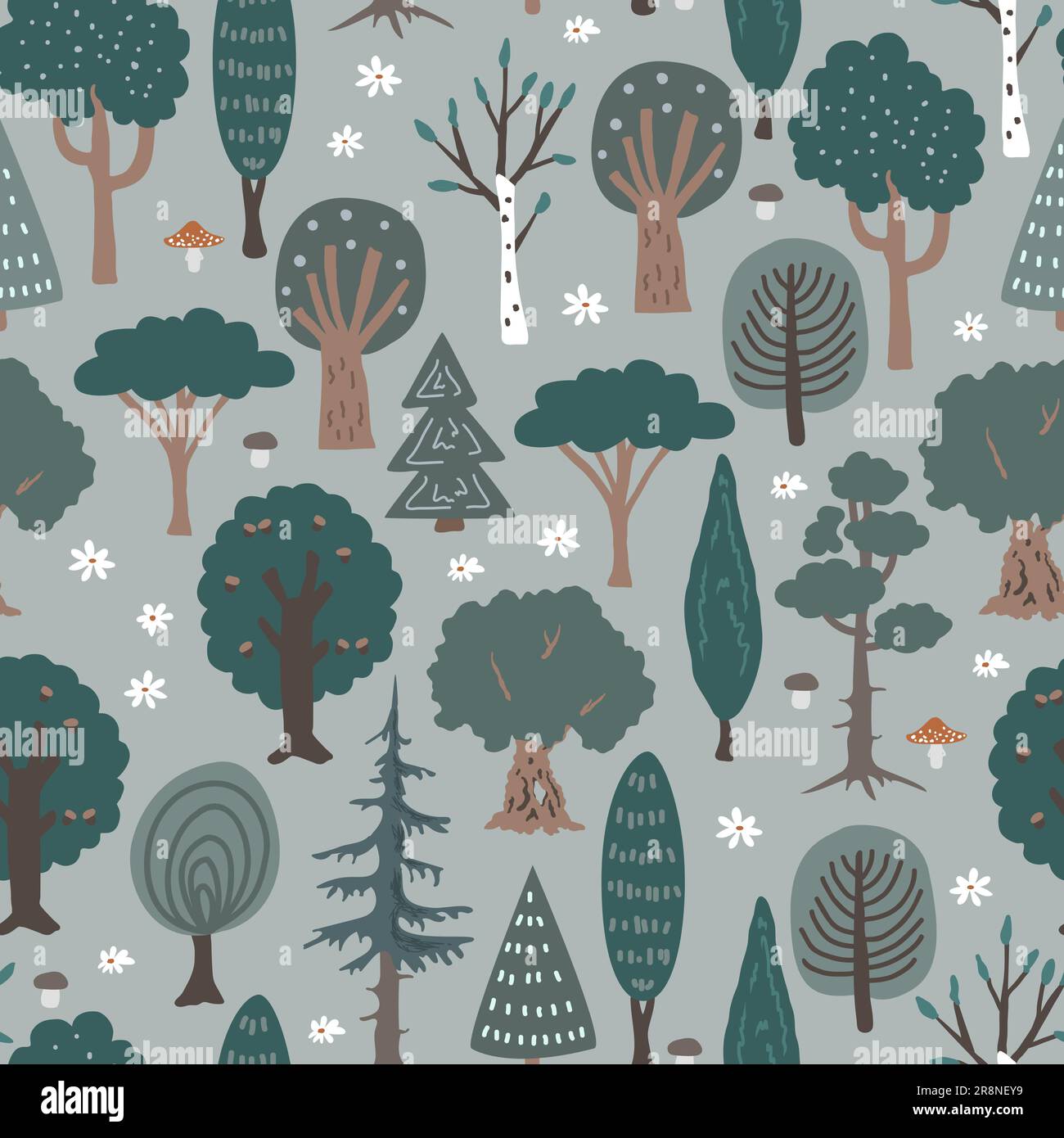 Doodle hand drawn trees and bushes. Vector forest background. Cartoon ...