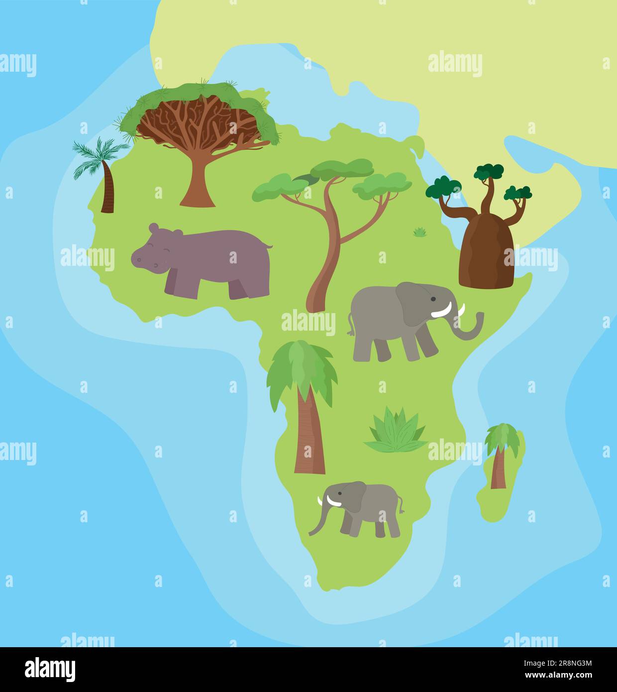 Cartoon hand drawn illustrated map of Africa with endemc trees, plants ...