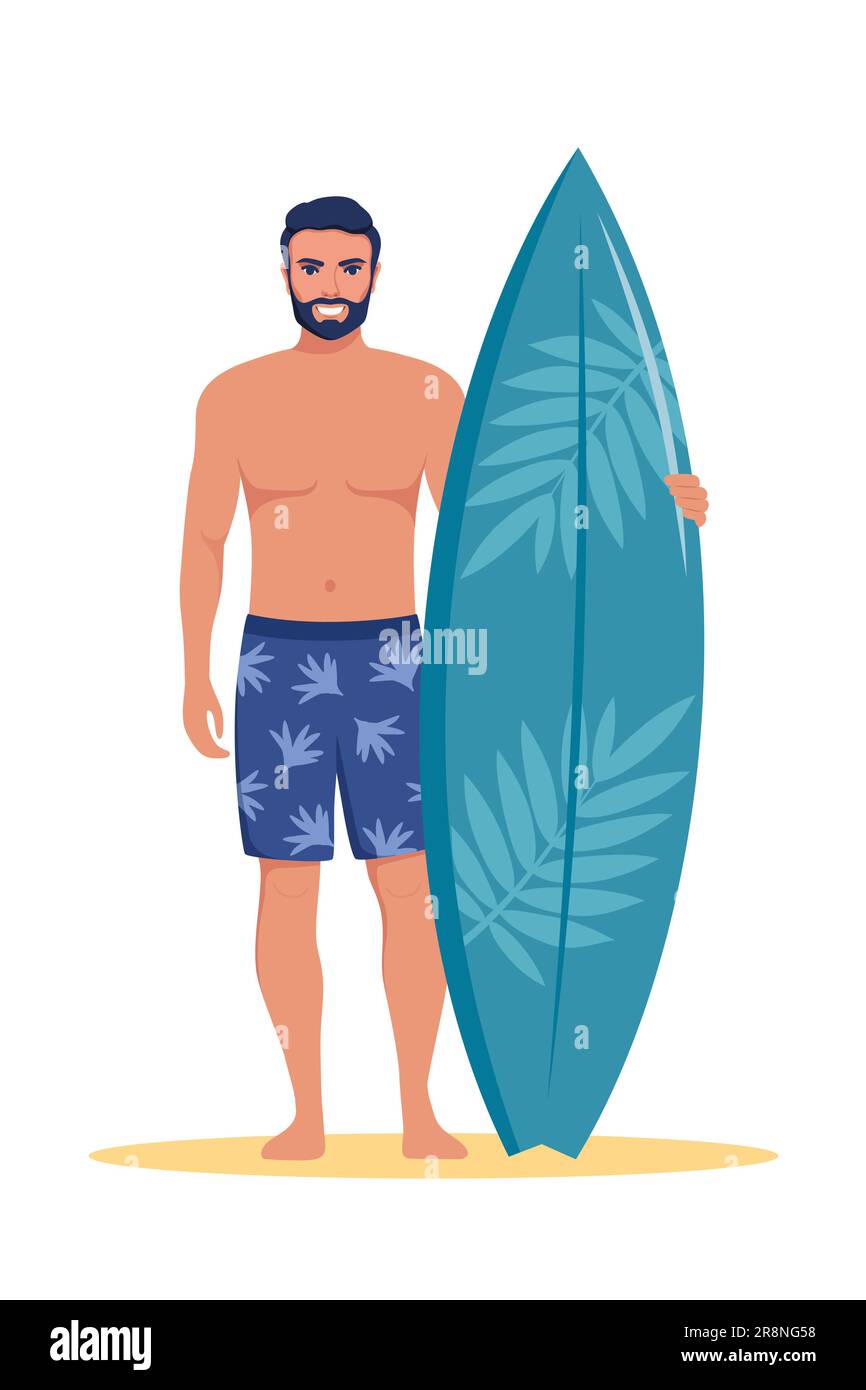 Young man surfer with surfboard standing on the beach. Smiling surfer ...