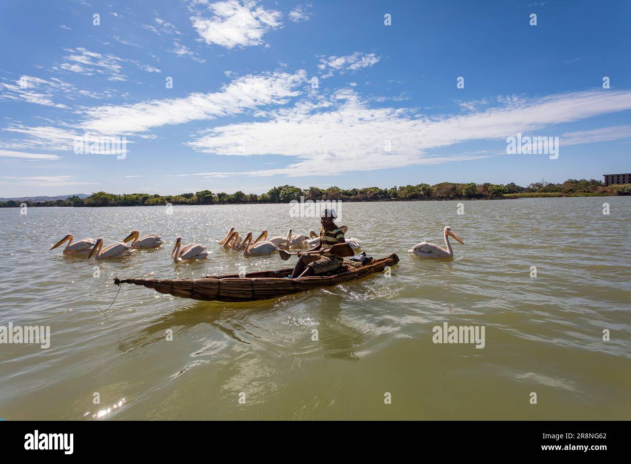 Lake Tana, Ethiopia - April 21st, 2019: A man on a traditional and ...