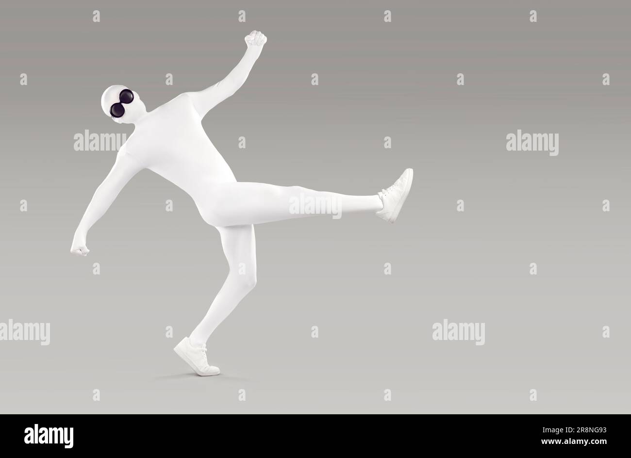 Faceless man wearing white bodysuit costume with black glasses walking ...