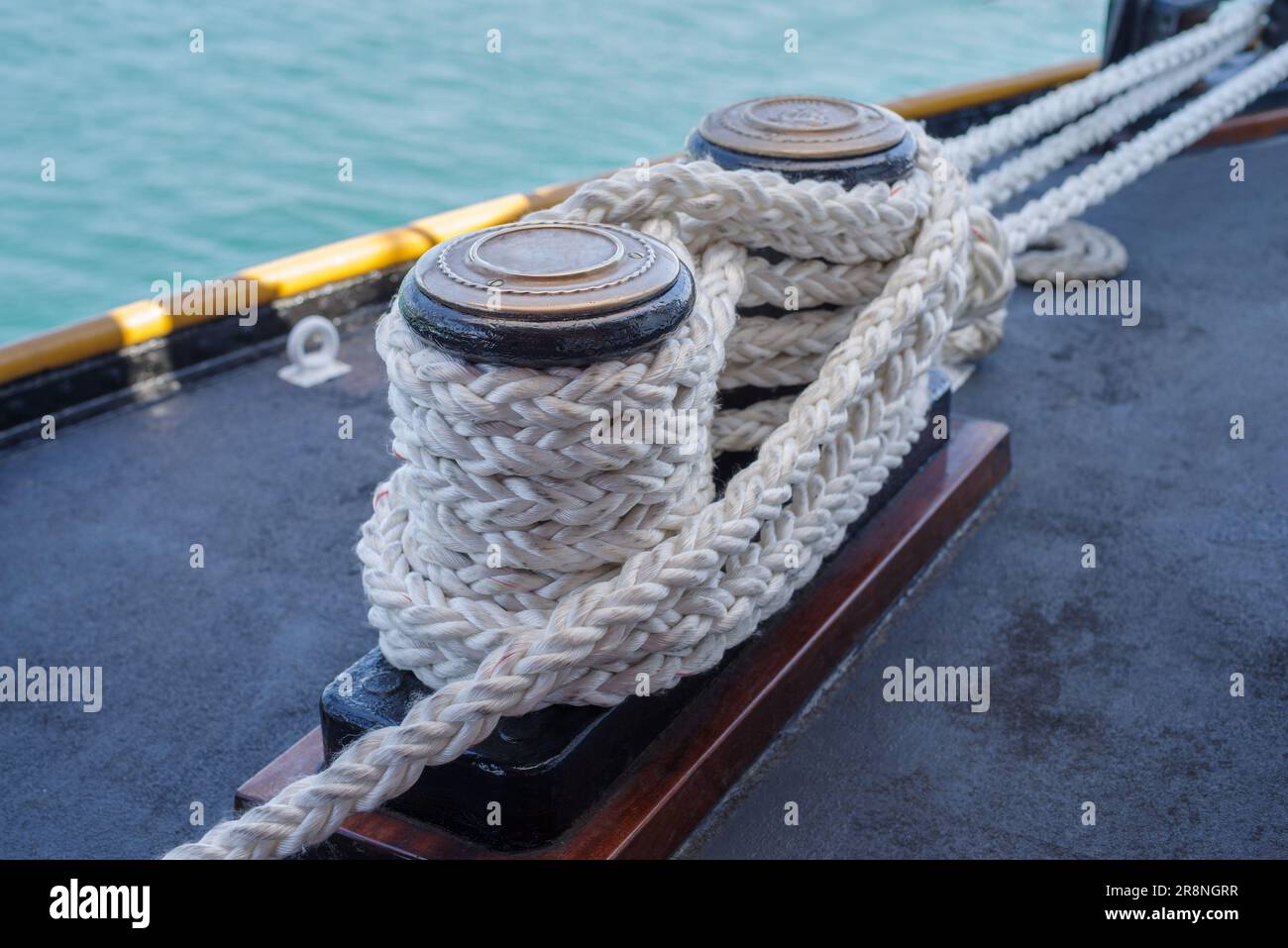 Nautical details on boat deck with rope and marine tool Stock Photo - Alamy