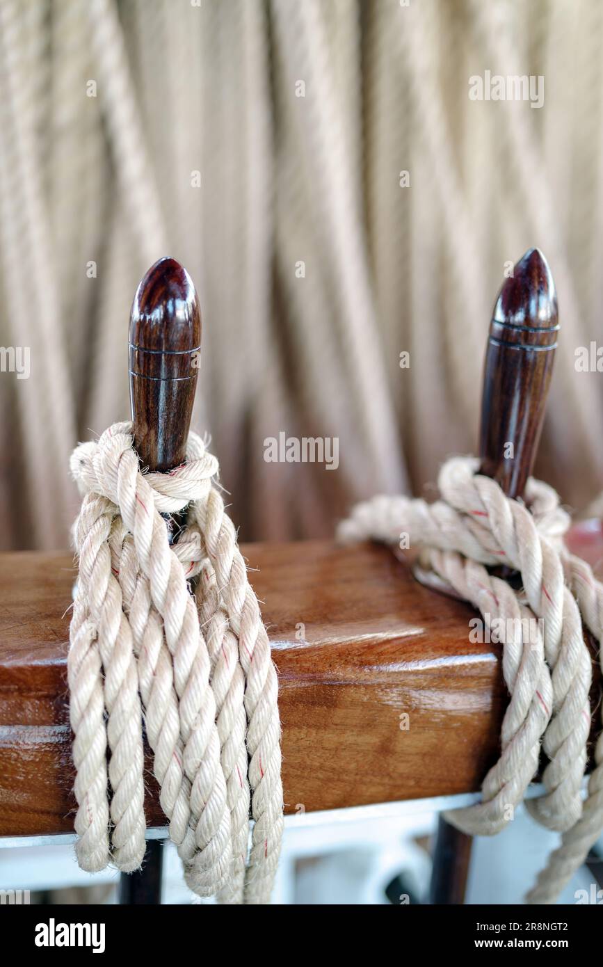 Nautical details on boat deck with rope and marine tool Stock Photo - Alamy