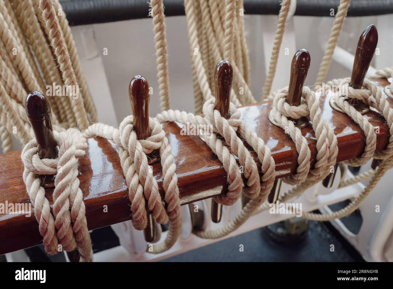 Nautical details on boat deck with rope and marine tool Stock Photo - Alamy