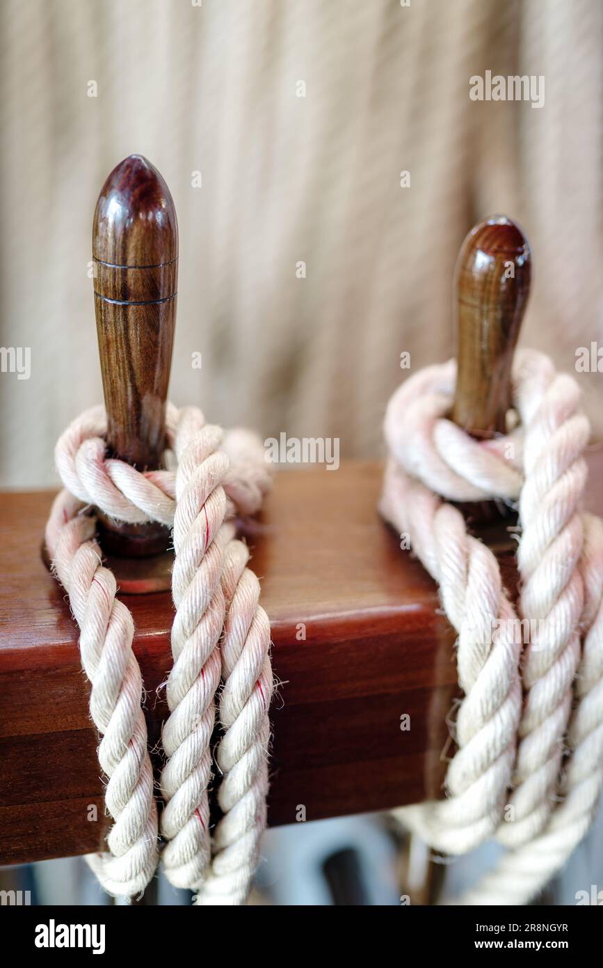 Nautical details on boat deck with rope and marine tool Stock Photo - Alamy