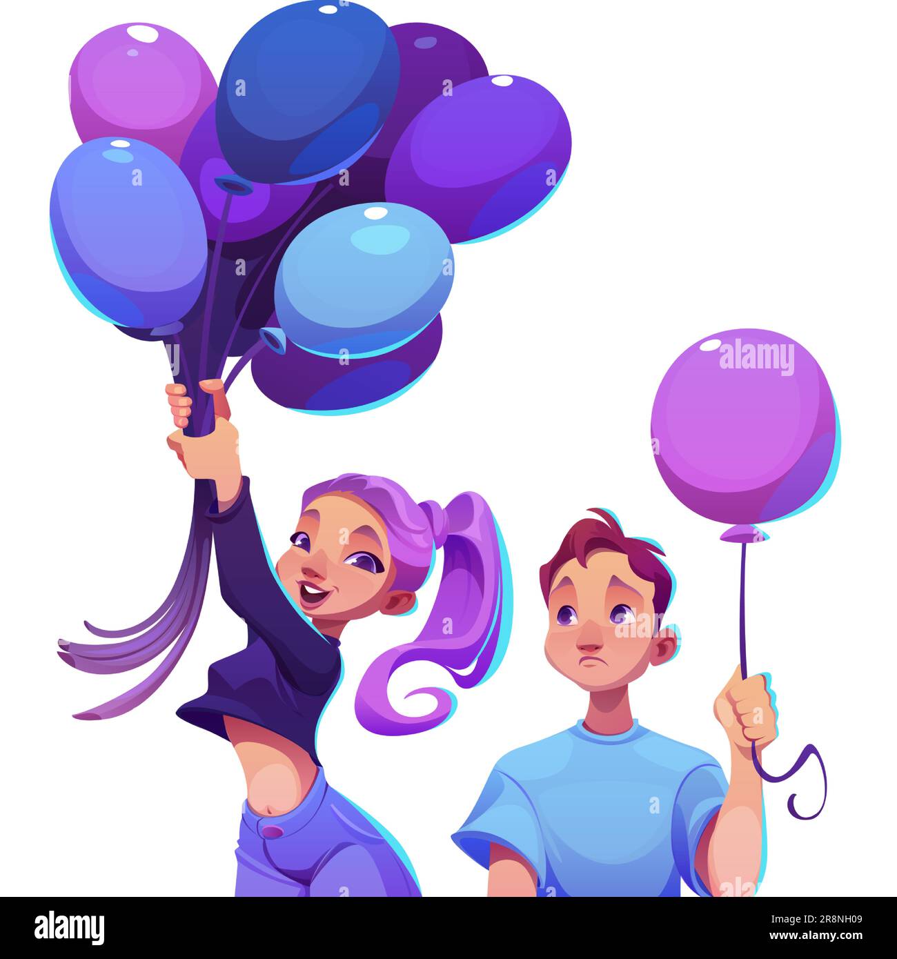Sad man looking at happy woman with bunch of air balloons. Girl ...