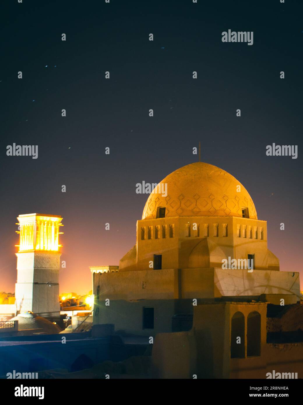 Yazd rooftops panorama with starry night background. Muslim ...