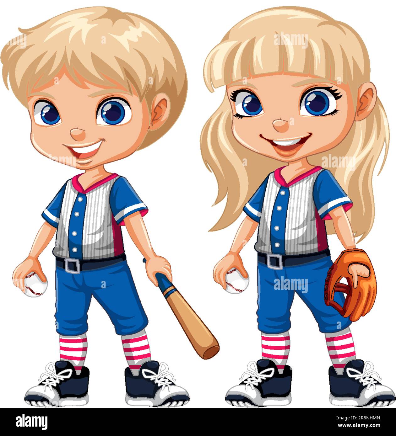 Cute blond boy and girl baseball player cartoon character illustration Stock Vector Image & Art ...