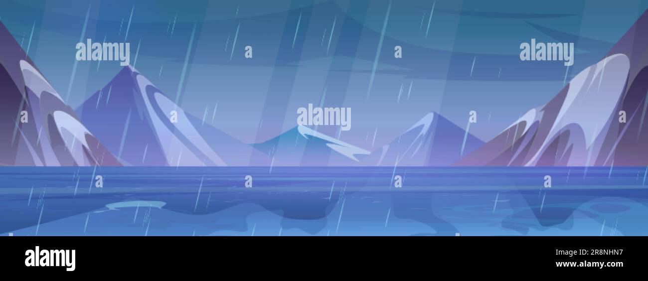 Cartoon rainy caribbean sea with mountain view vector. Torrential rain ...