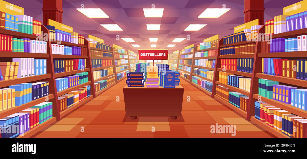 Cartoon bookstore interior with many books on shelves, table with ...