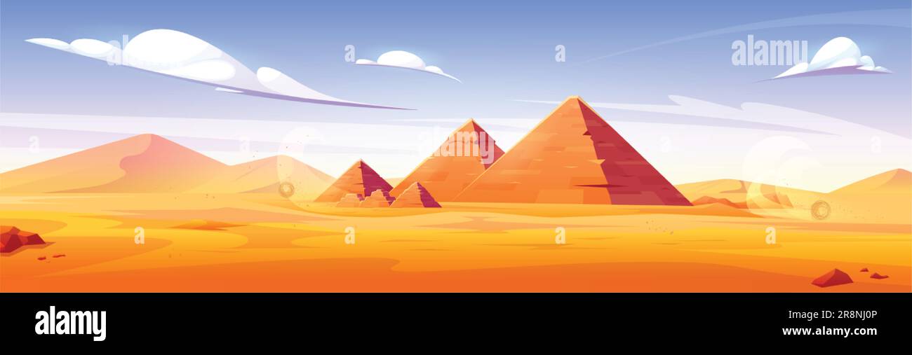 Cartoon sandy desert with antique pyramids in Egypt. Vector ...
