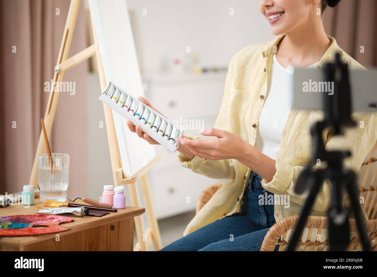 Teacher conducting online painting lesson at home, closeup. Time for ...