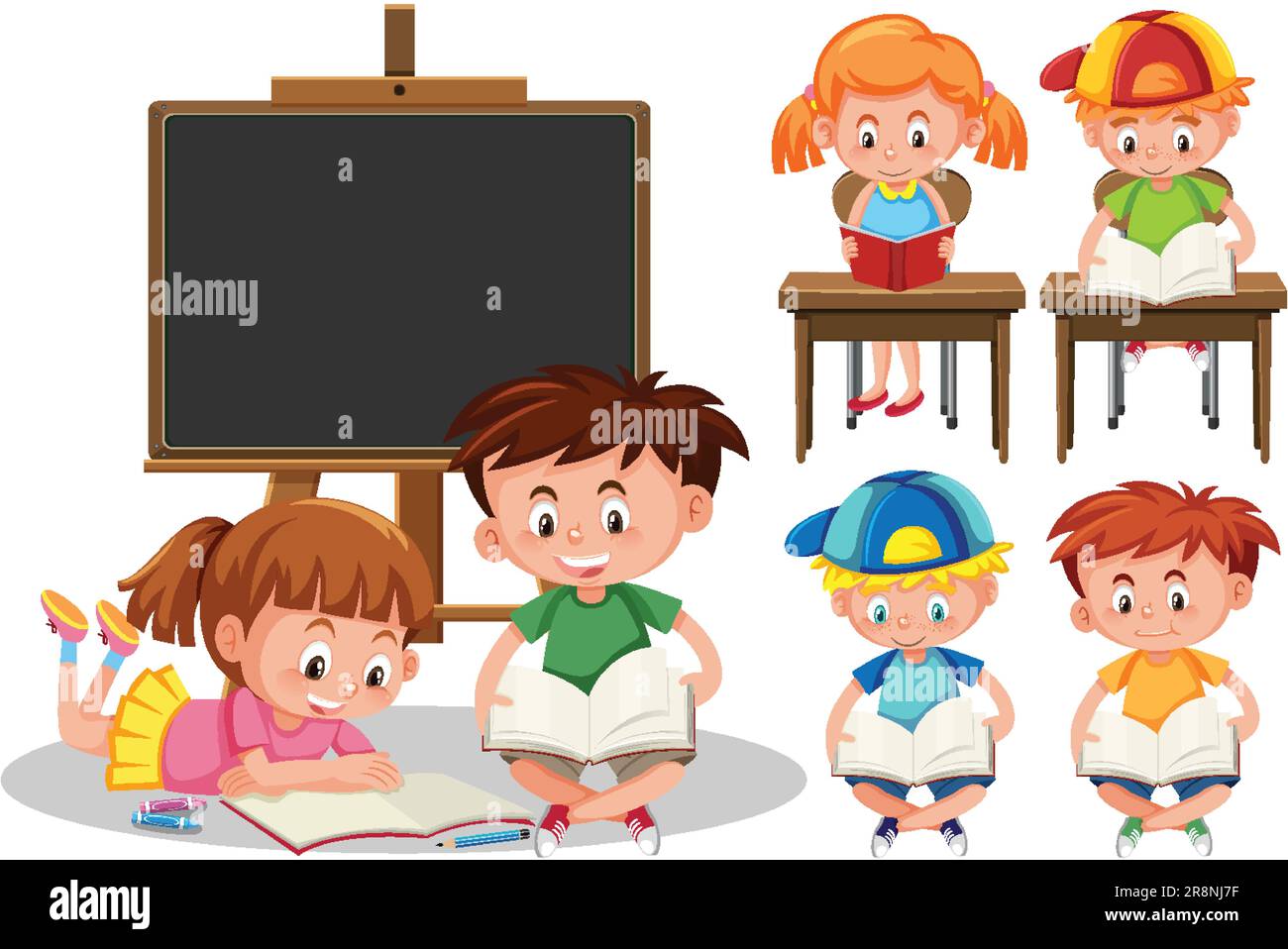 Set of students cartoon character learning illustration Stock Vector ...