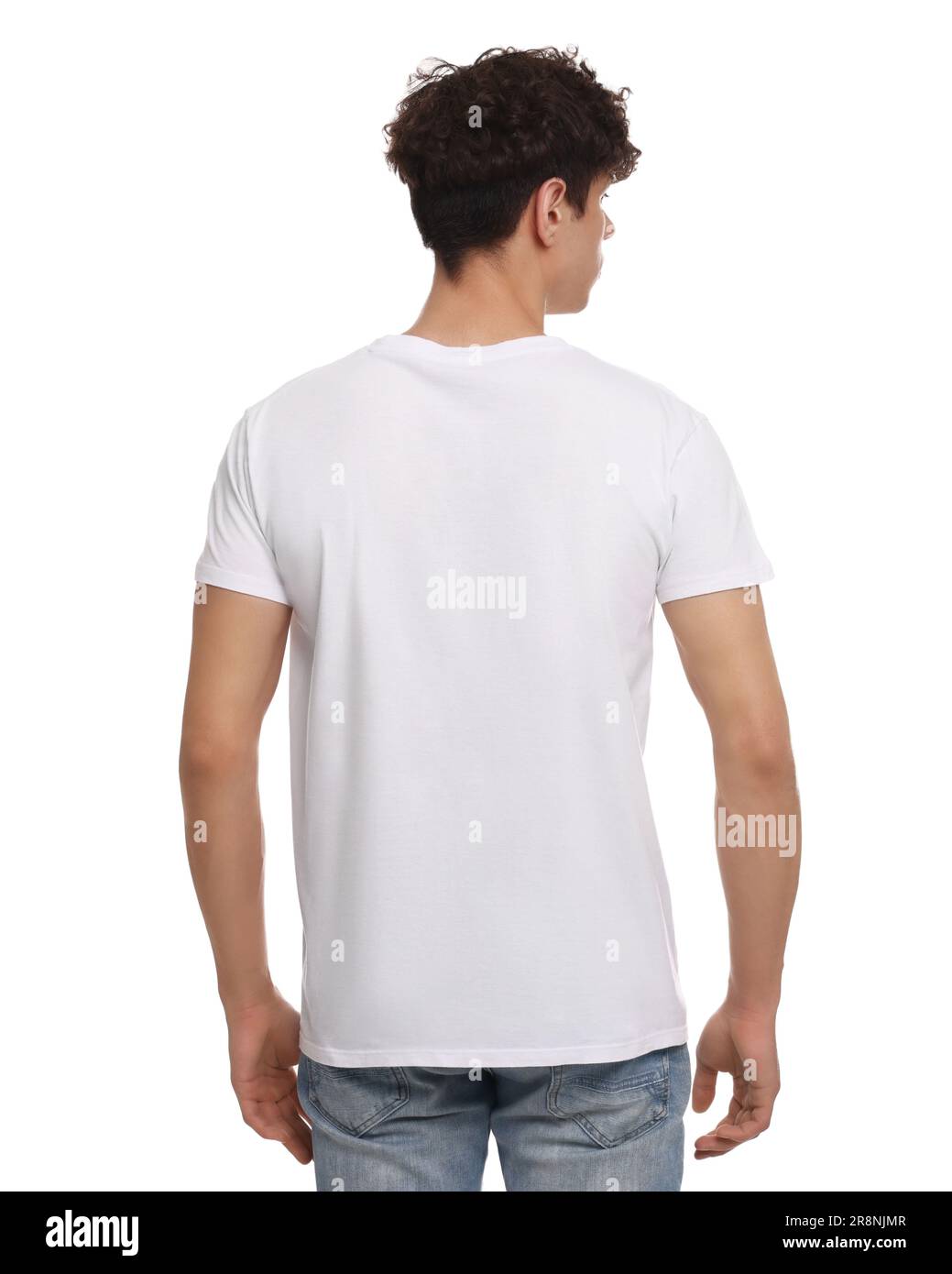 Man wearing stylish t-shirt on white background, back view. Mockup for ...