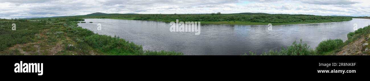 Wide-angle panorama of the upstream of the Lainio river in Swedish ...