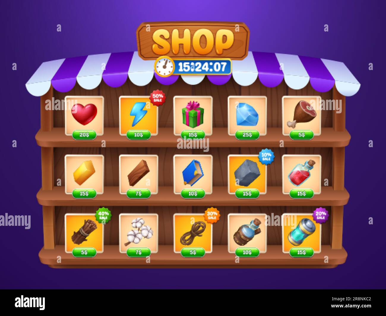 Game shop frame with assets on wooden shelves. Vector cartoon ...