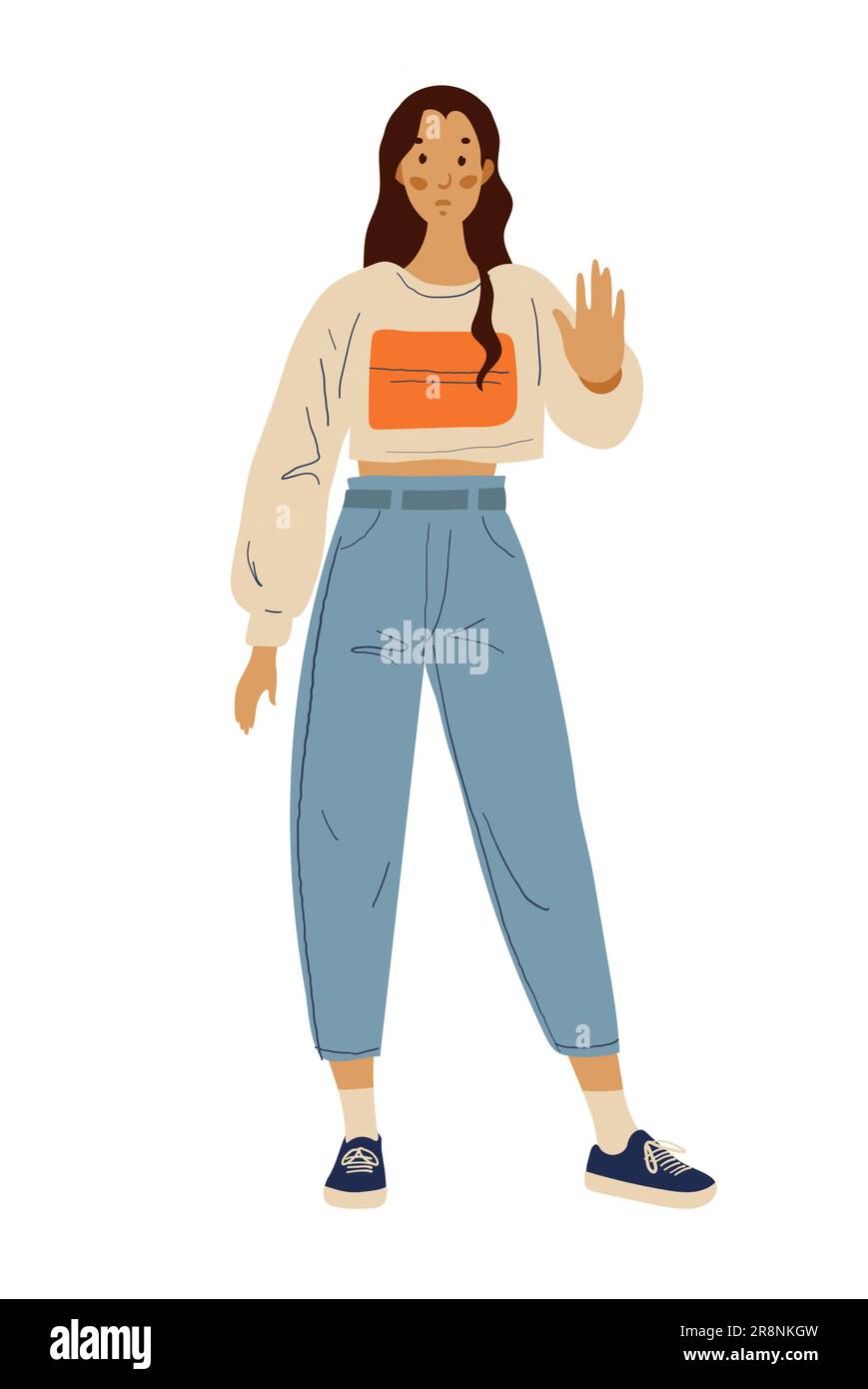 A student girl shows a stop sign with her hand, a symbol of denial ...