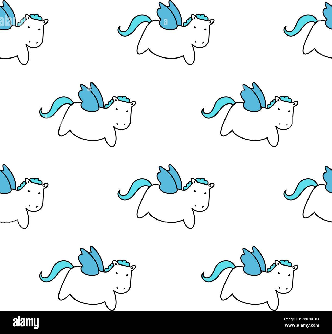 Cute pegasus blue seamless pattern, flat, doodle background. Baby wallpaper for nursery. Vector ...