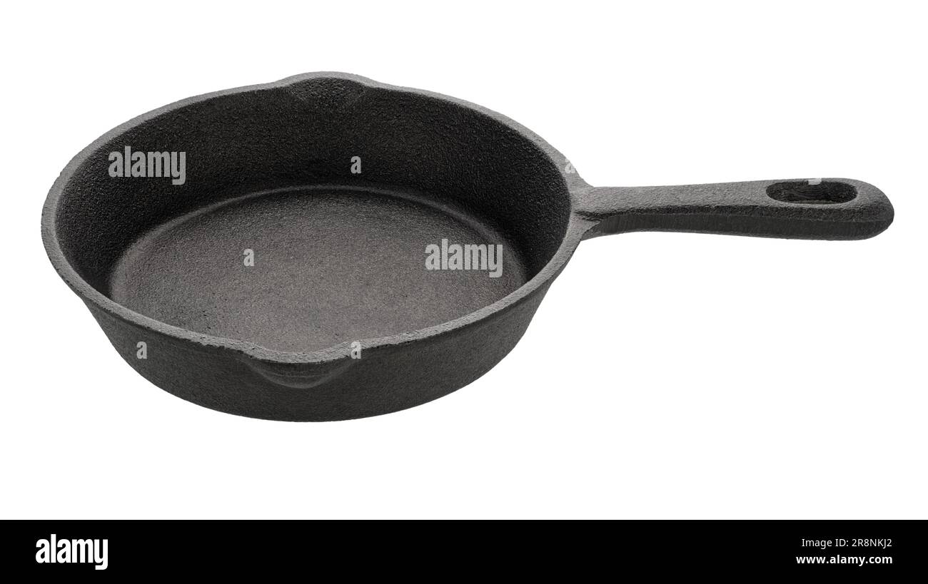 Empty round frying pan, side view, close-up shot, isolated on white ...