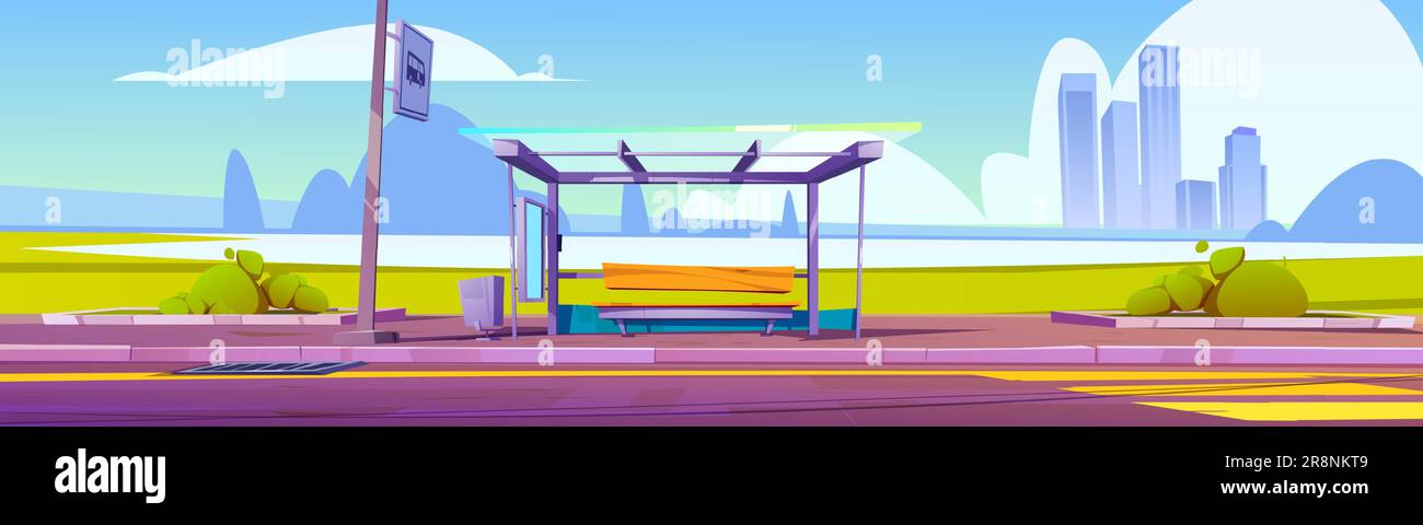 Bus stop station on city road background near sign. Public transport ...