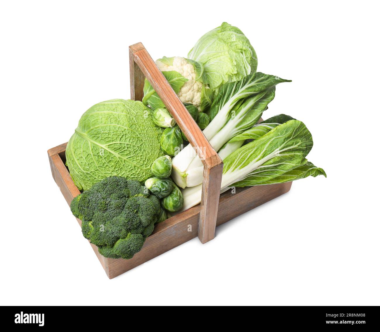 Wooden crate with different types of fresh cabbage on white background ...