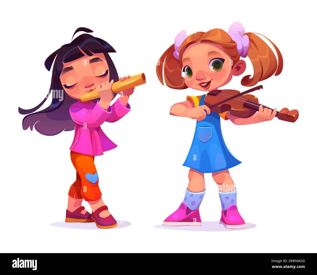 Cartoon girls playing violin and flute isolated on white background ...