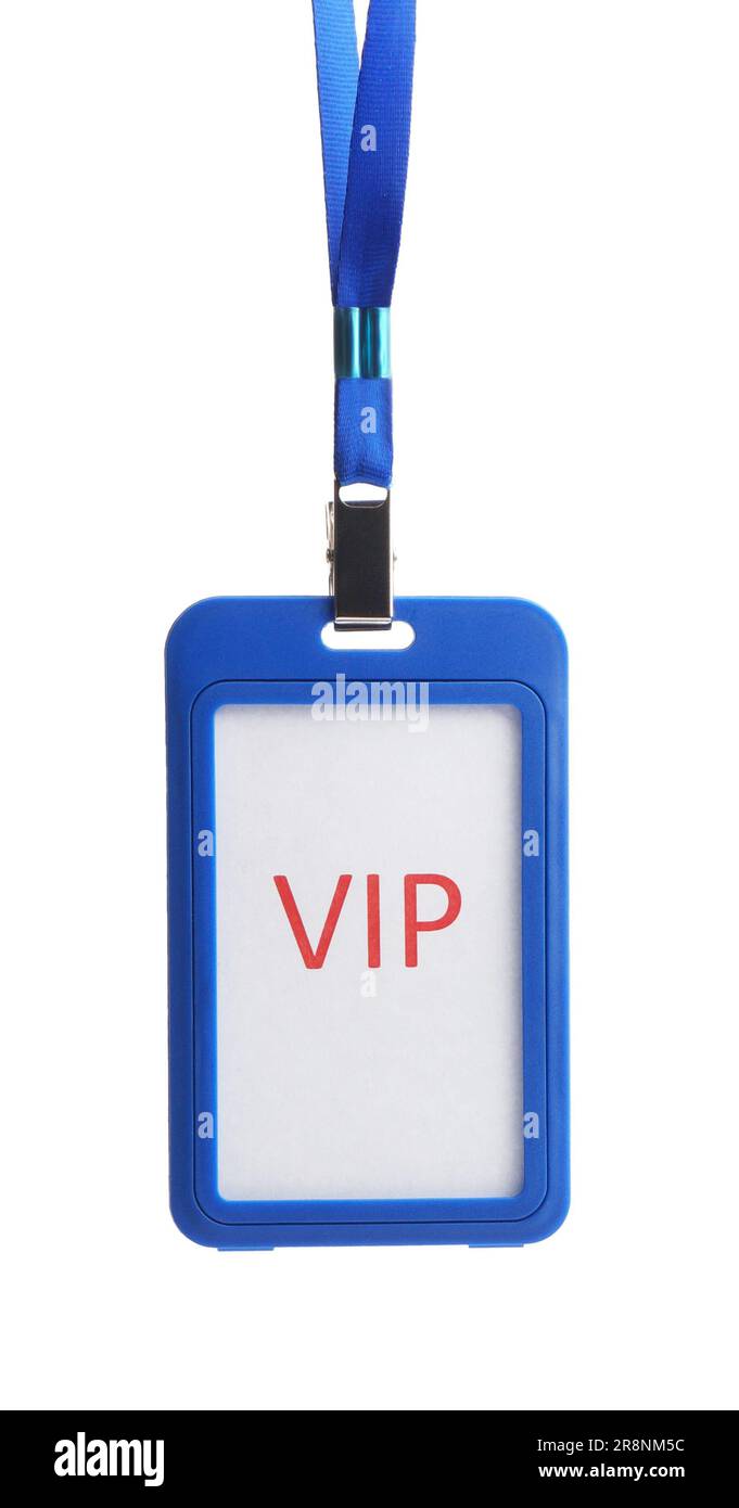 Blue plastic VIP badge hanging on white background Stock Photo - Alamy
