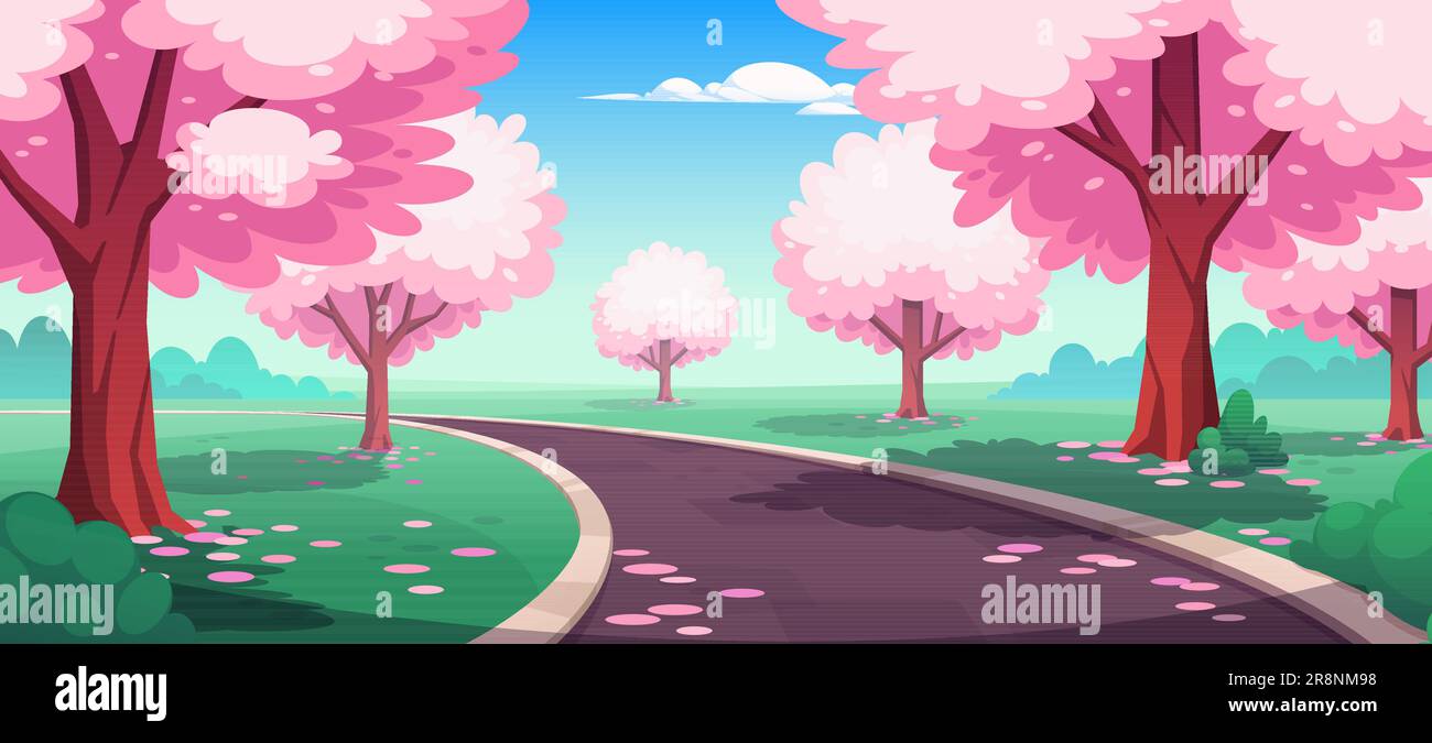 Sakura blossom park road spring illustration. Cherry tree flower ...