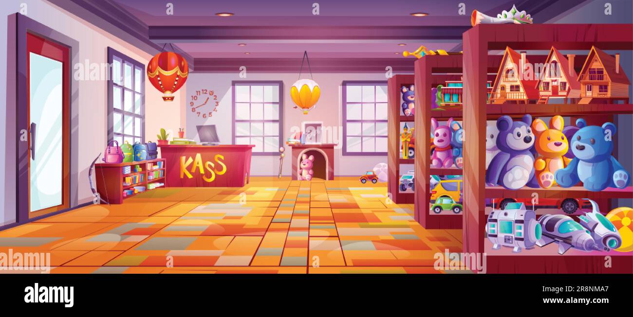Toy Store With Shelf Cartoon Vector Illustration Game Shop Interior With Wooden Counter Table