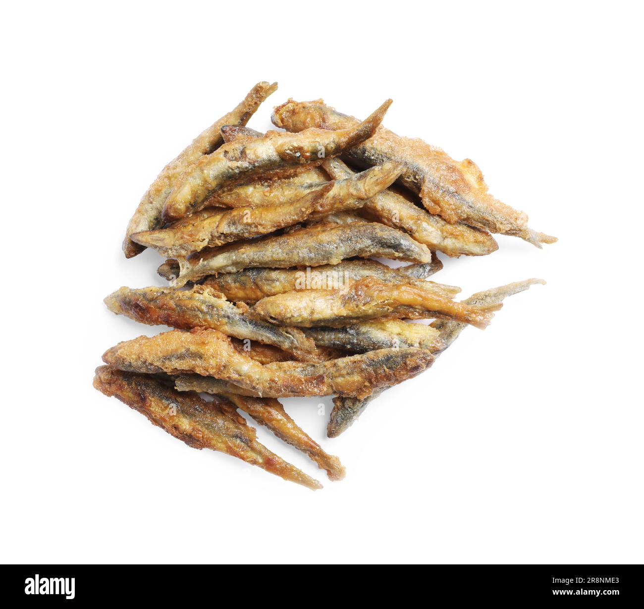 Pile of delicious fried anchovies on white background, top view Stock ...