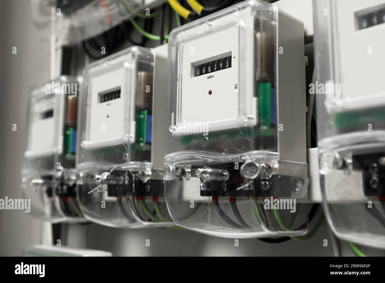 Electric meters and wires in fuse box, closeup. Space for text Stock ...