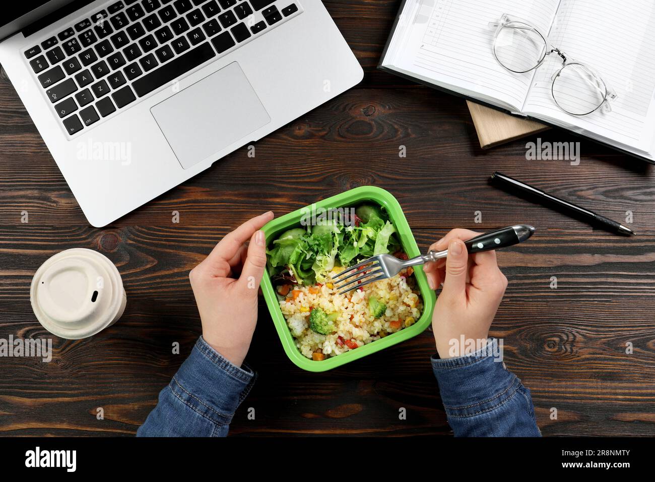 Office employee having business lunch at workplace, top view Stock ...