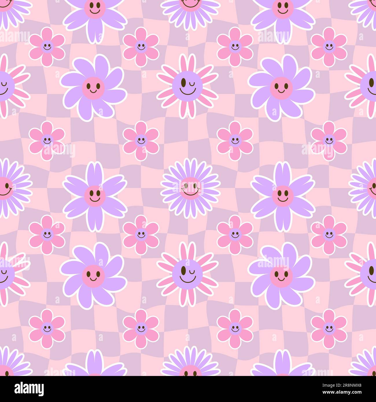 Groovy flower seamless pattern. Y2k floral smile background. Cartoon ...