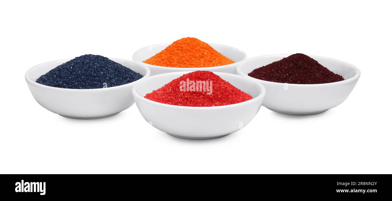 Bowls with food coloring on white background Stock Photo - Alamy