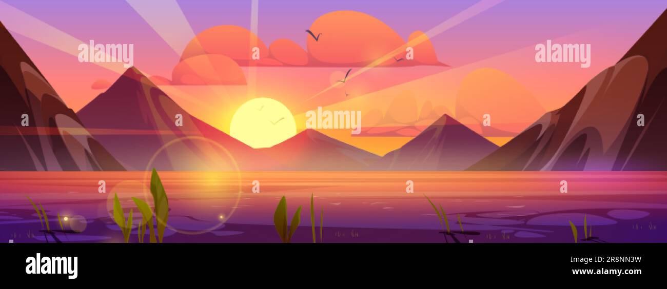 Mountain sunset landscape with lake view. Vector cartoon evening ...