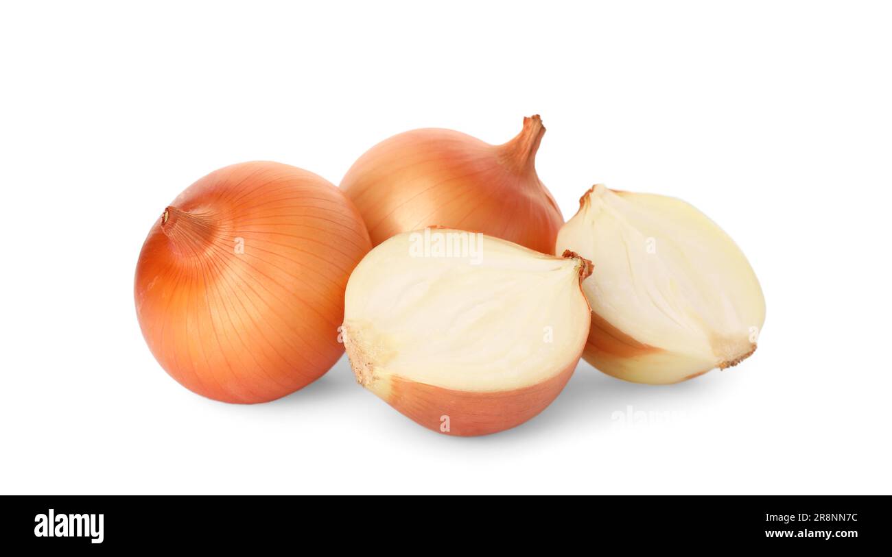 Whole and cut onions on white background Stock Photo - Alamy