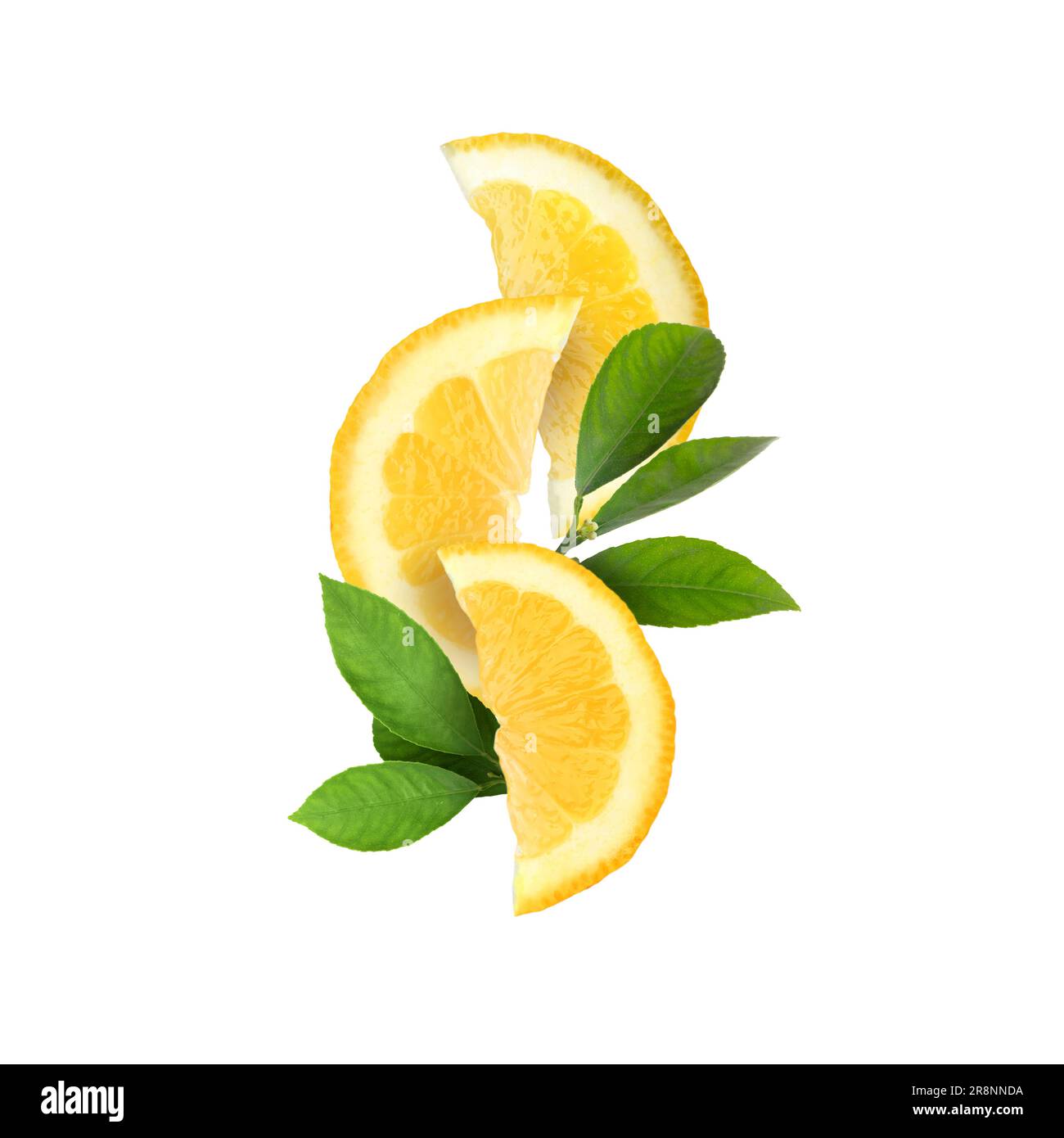 Cut fresh lemon with green leaves isolated on white Stock Photo - Alamy
