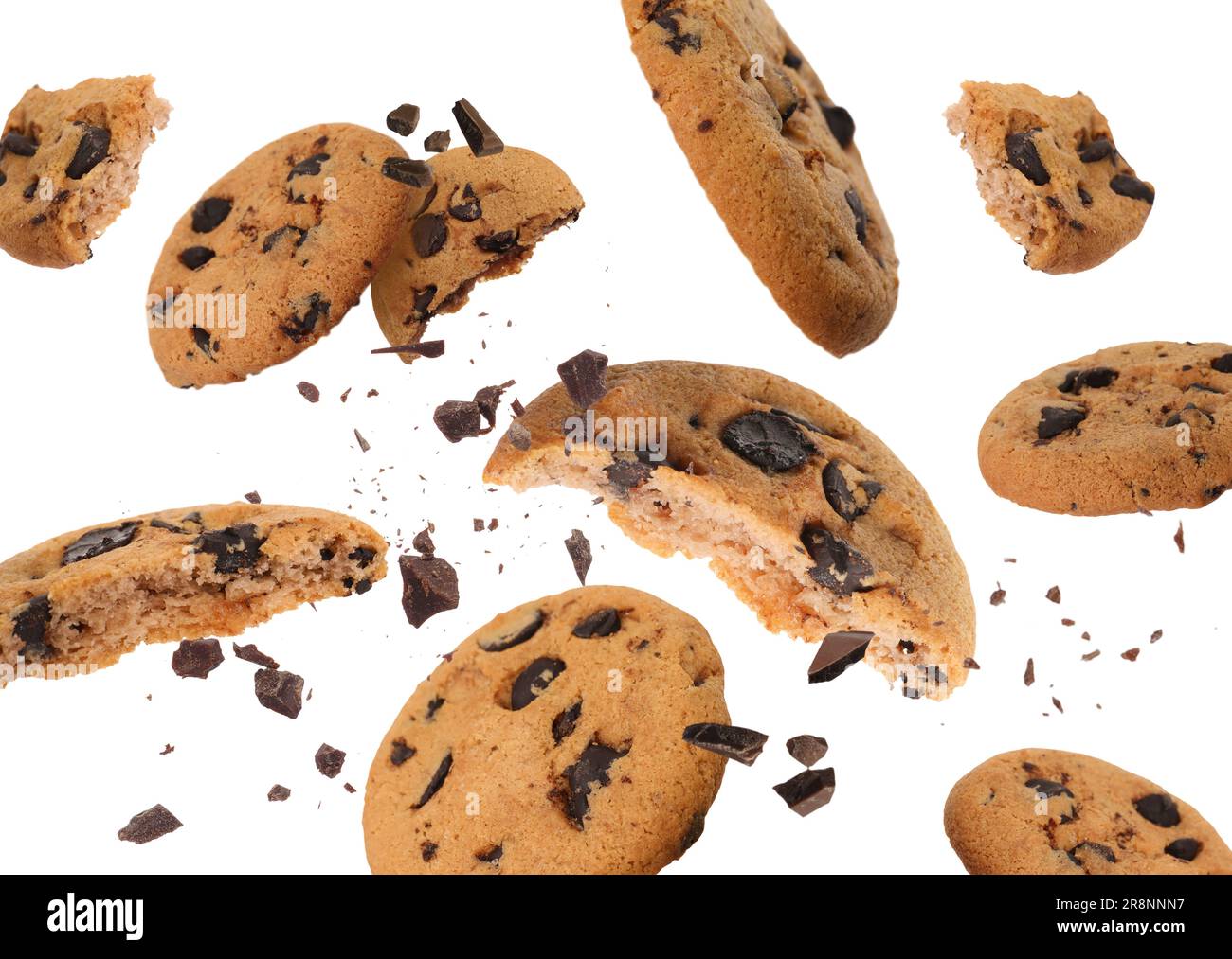 Tasty chocolate chip cookies falling on white background Stock Photo ...