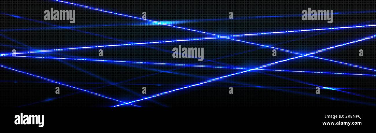Realistic neon blue laser beams intersecting on black transparent ...