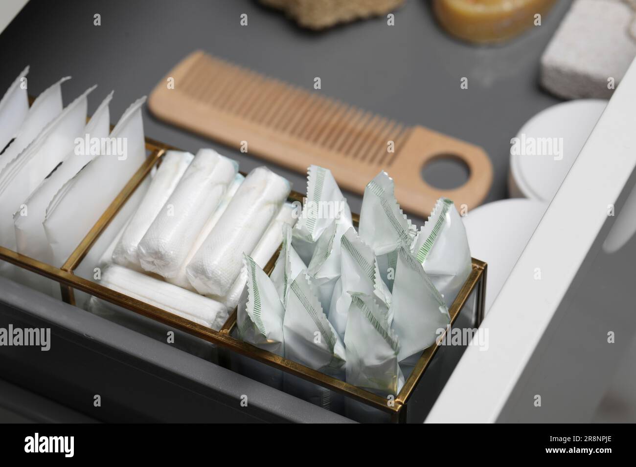 Storage of different feminine hygiene products in drawer, closeup Stock ...