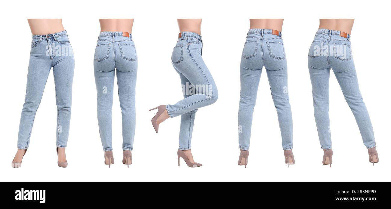 Collage with photos of woman in stylish jeans on white background ...