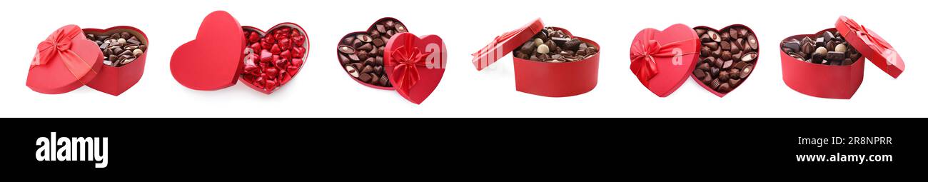 Many heart shaped boxes with tasty chocolate candies on white ...