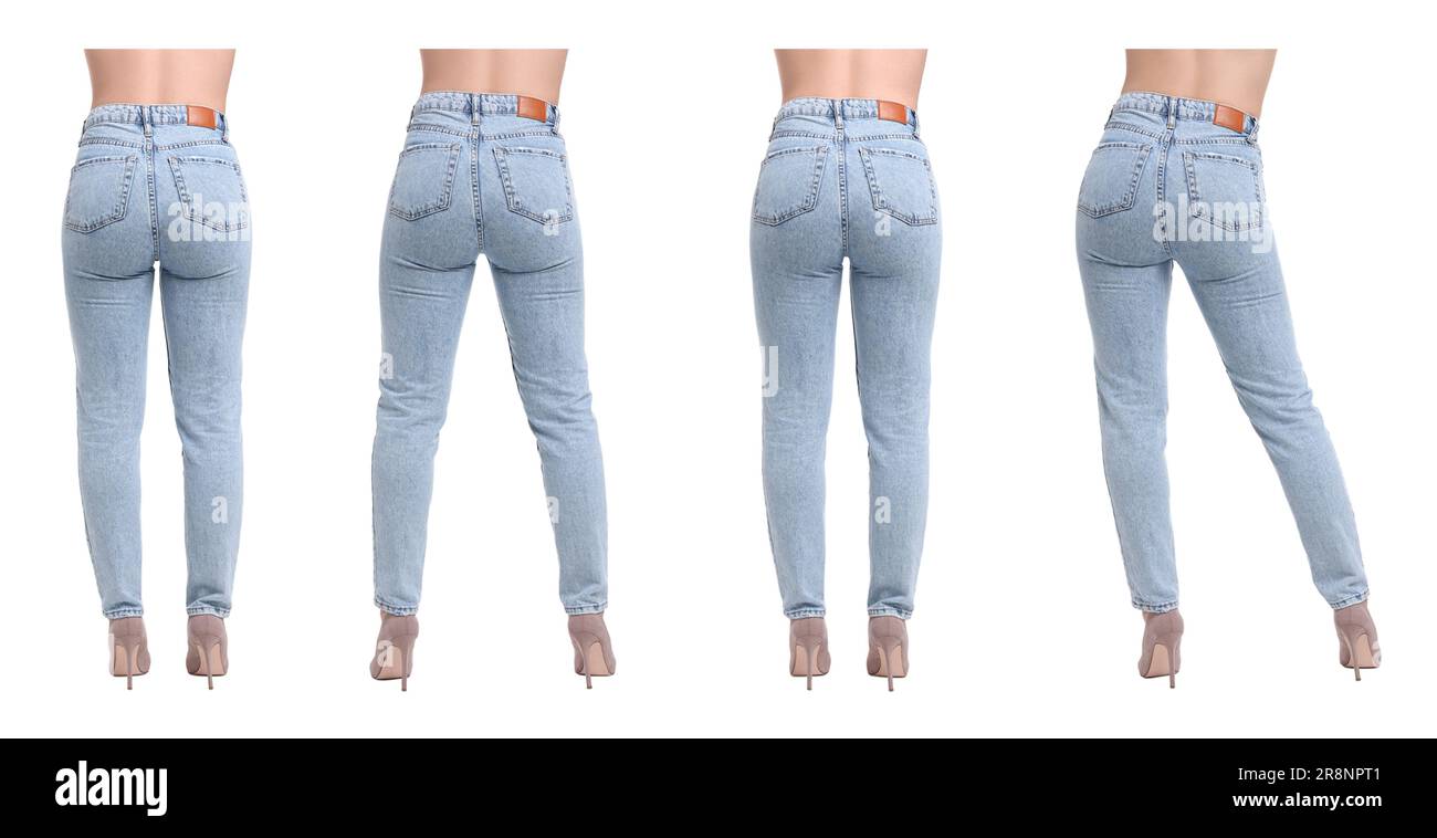 Collage with photos of woman in stylish jeans on white background ...