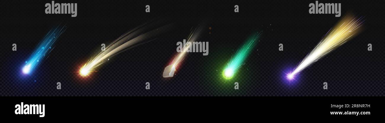 Comet and meteoroid fall speed trail galaxy vector set. 3d meteor ...