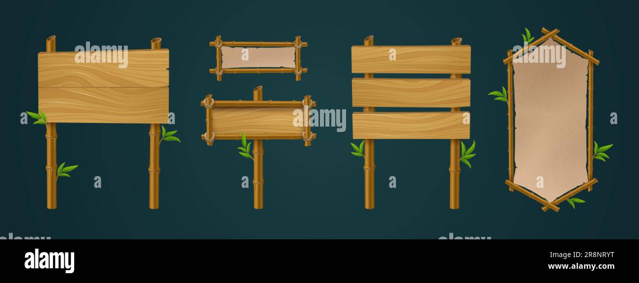 Realistic set of bamboo wood and paper boards isolated on black ...