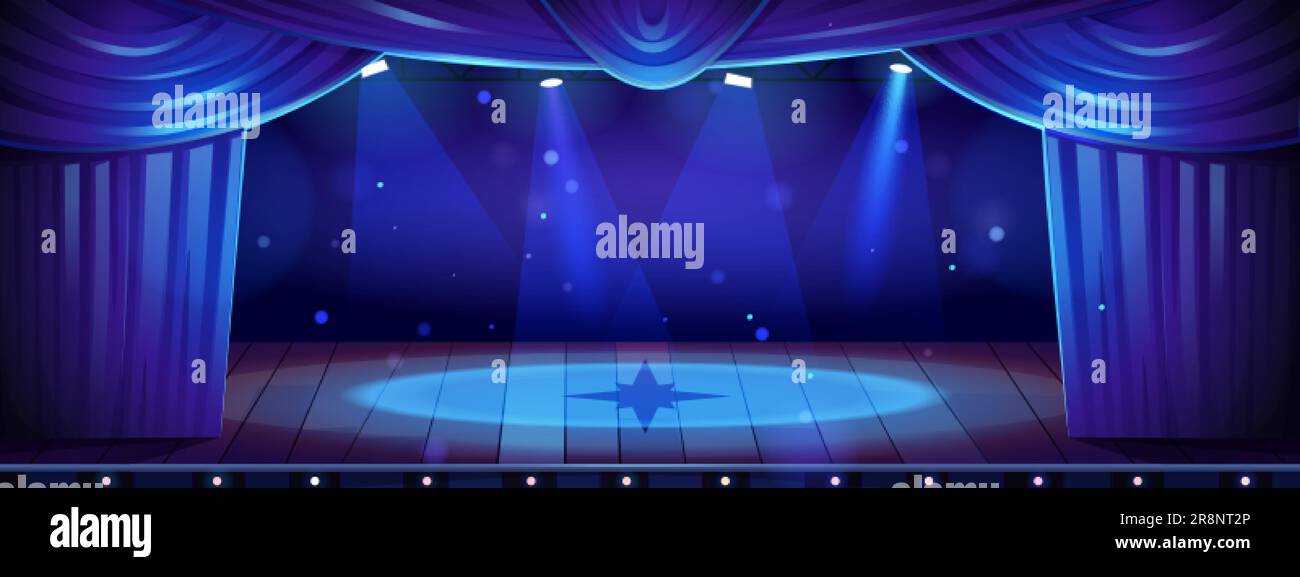 Cartoon theater stage with blue curtains, wooden floor, spotlights ...